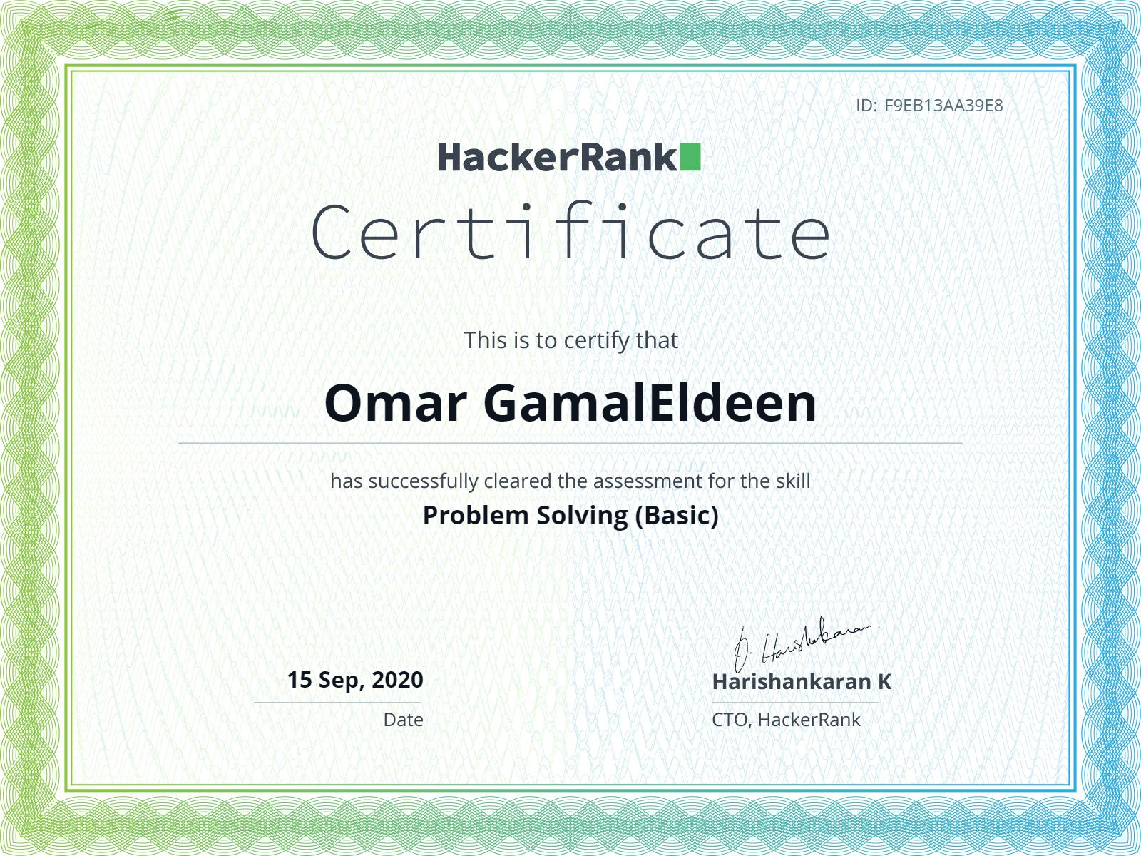 HackerRank problem solving certificate | Omar GamalEldeen