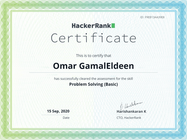 HackerRank problem solving certificate | Omar GamalEldeen